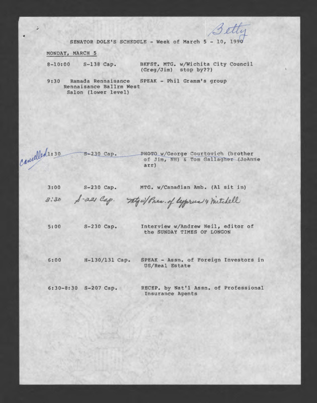 Weekly Schedules, March, 1990 · Dole Archive Collections · Dole ...