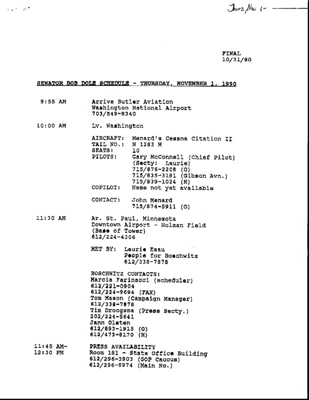 Weekly Schedules, November, 1990 · Dole Archive Collections · Dole ...