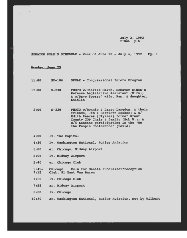 Weekly Schedules, July, 1992 · Dole Archive Collections · Dole ...