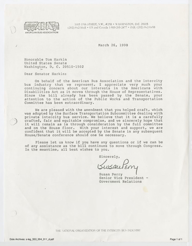 Correspondence from Susan Perry to Tom Harkin Supporting ADA · Dole ...