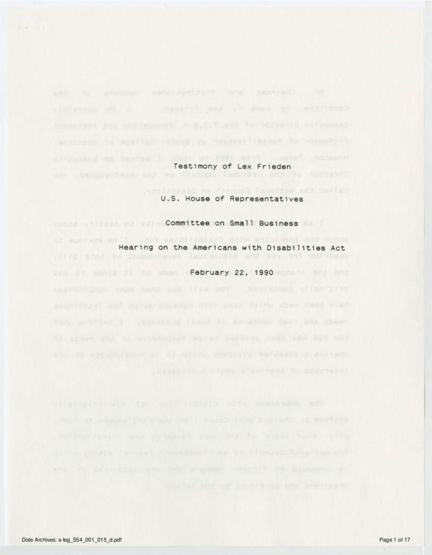 Testimony of Lex Frieden before the House Committee on Small Business ...
