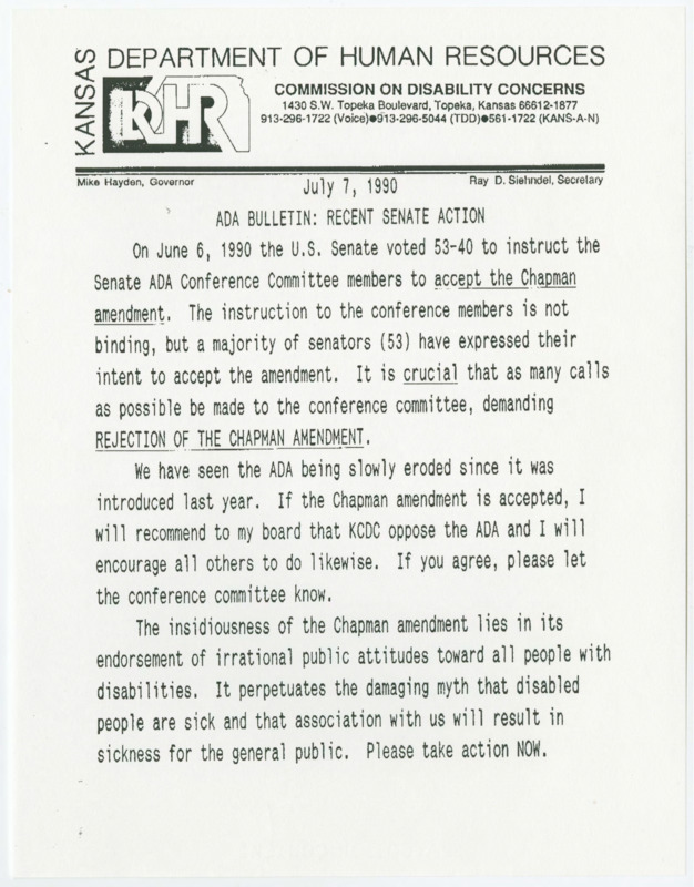 ADA Bulletin: Recent Senate Action · Dole Archive Collections · Dole ...