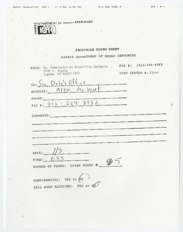 Fax: Message to Senator Dole's office from the Kansas Commission on ...